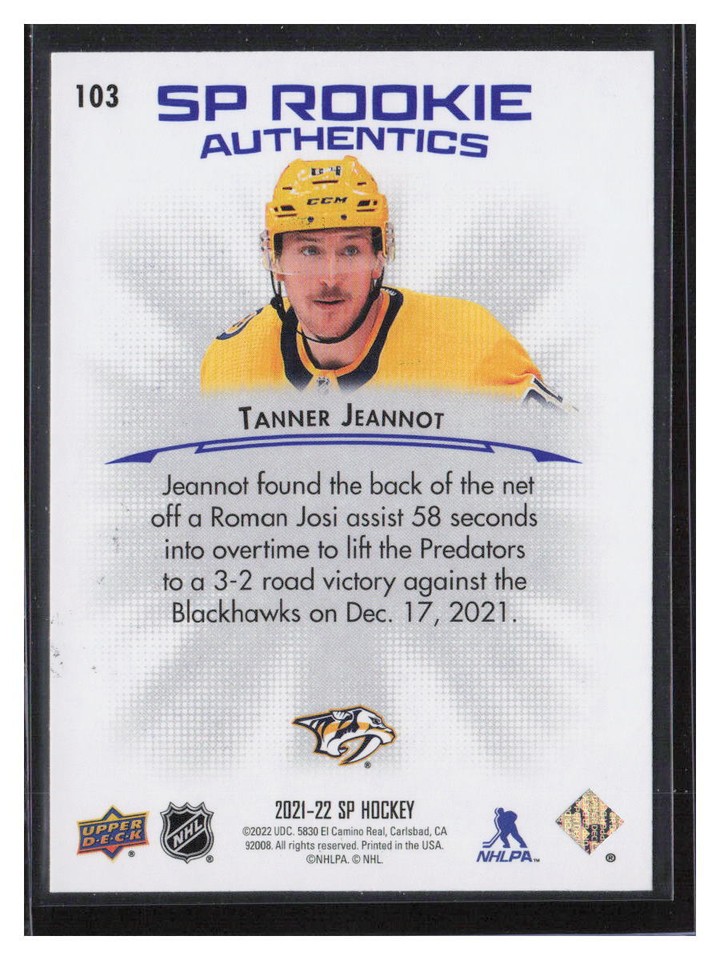 Tanner Jeannot 2021-22 SP Rookie Authentics #103 Nashville Predators | eBay