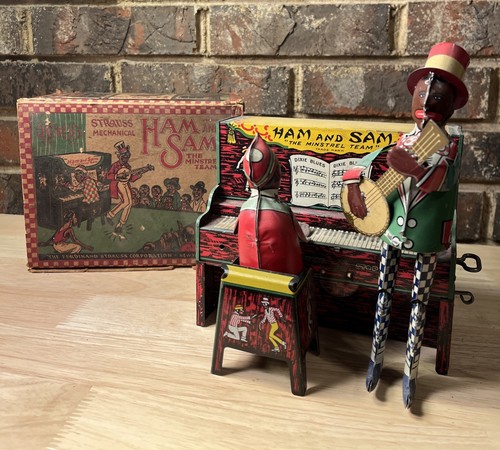 1920s Ham and Sam The Minstrel Team Tin Wind-Up Toy Ferdinand Strauss w ...