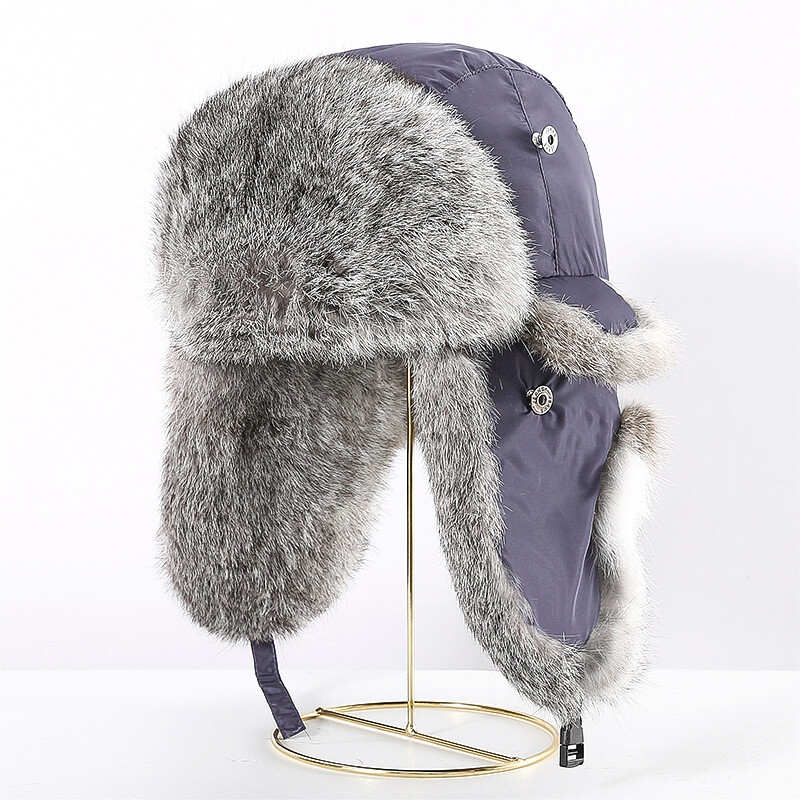 Unisex Winter Natural Rabbit Fur Hats Russian Earflaps Trapper Cap Warm ...
