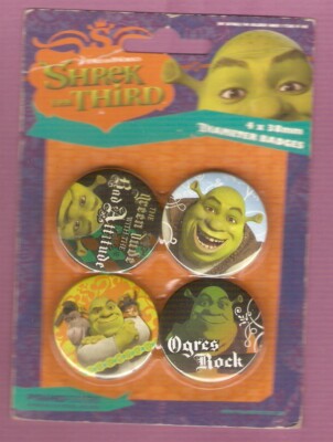 SHREK 4 badges 4 cms illustrés sous blister 10x15 cms ed Pyramidposters ...