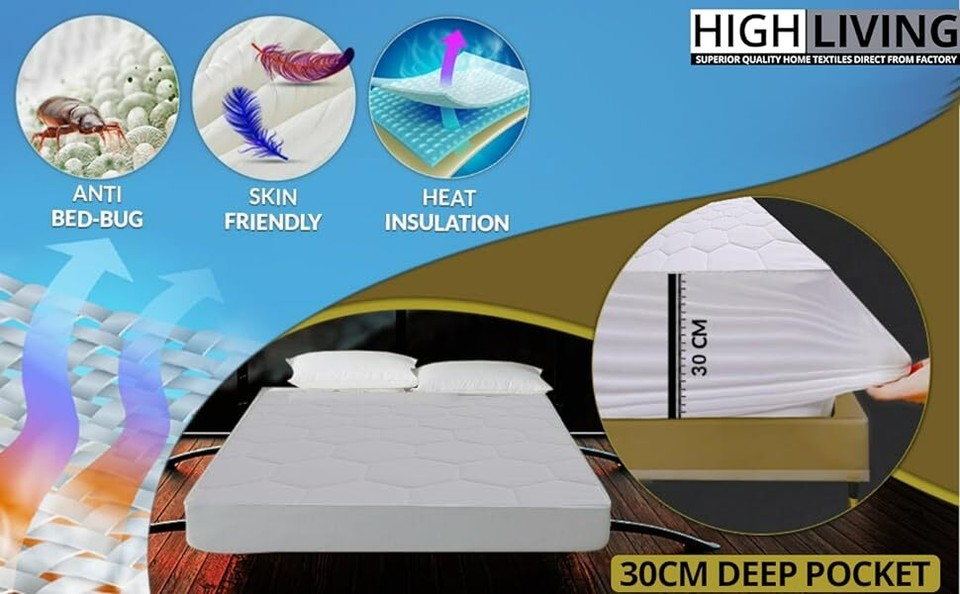 Premium Quilted Mattress Protector Extra Deep Fitted Bed Cover 30cm All ...