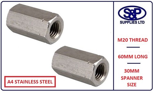 M20 (20mm 20MM) A4 STAINLESS STEEL DEEP NUT THREADED ROD CONNECTOR ...