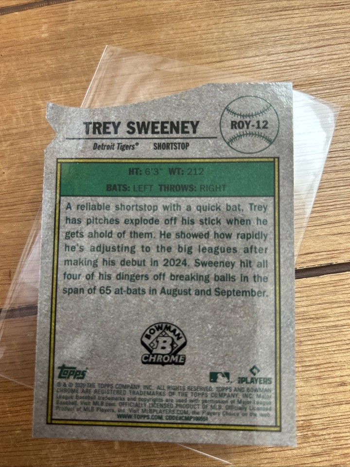 Trey Sweeney 2025 Bowman Rookie Of The Year Favorites Insert RC Tigers ...