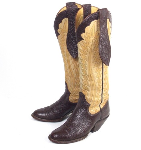 Paul Bond Brown Tan Tall Cowboy Boots - Size 7B - Vintage Mule Ear ...