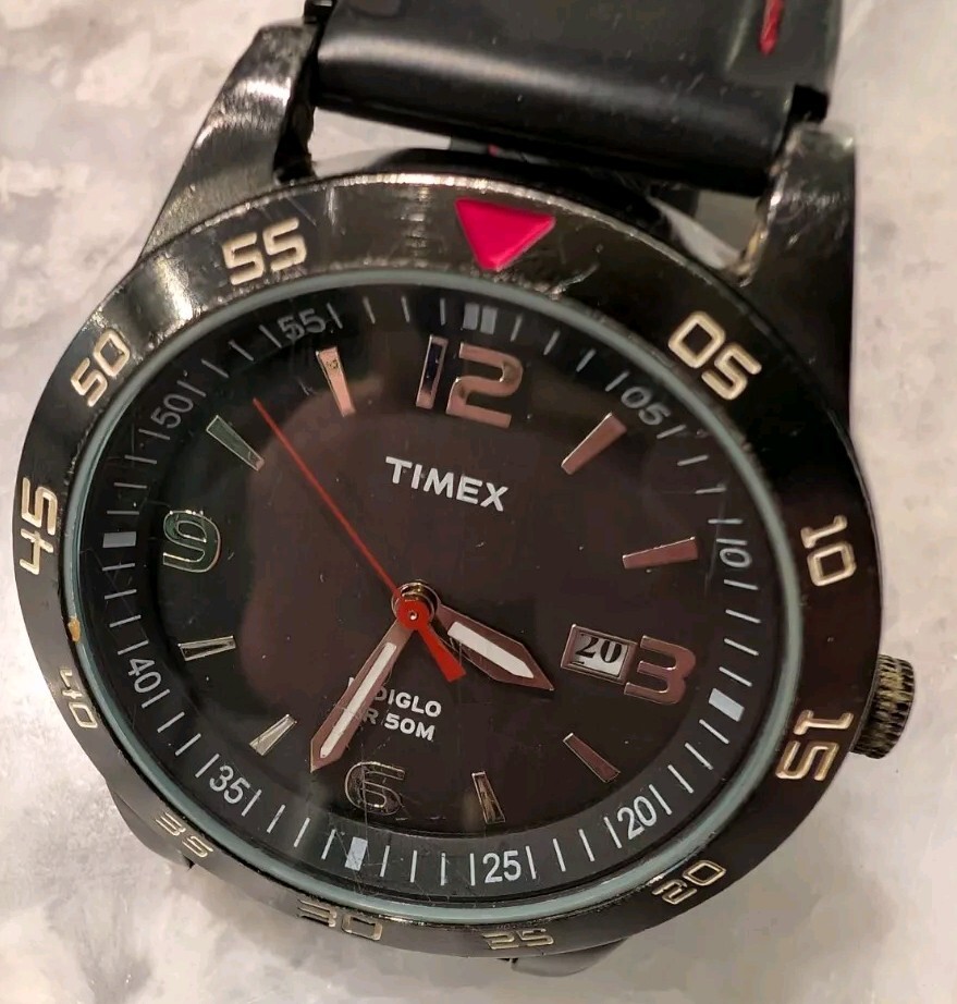 Timex Men's T2N694 Indiglo Fairlawn Black RED STITCH Resin Strap Watch ...
