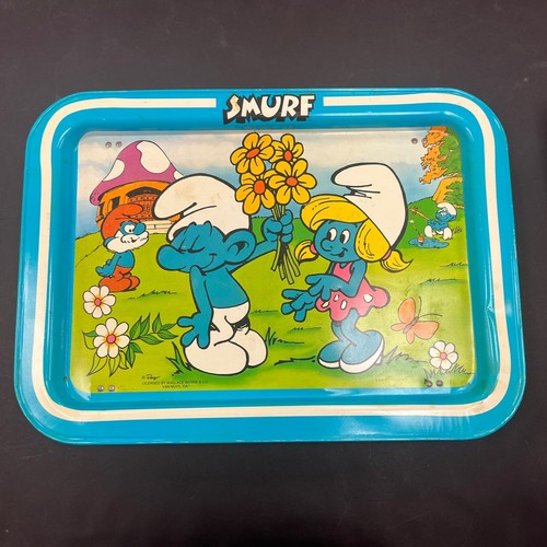 Rare Vintage SMURFS Table Top TV Tray Peyo Papa Bashful Smurfette Metal ...