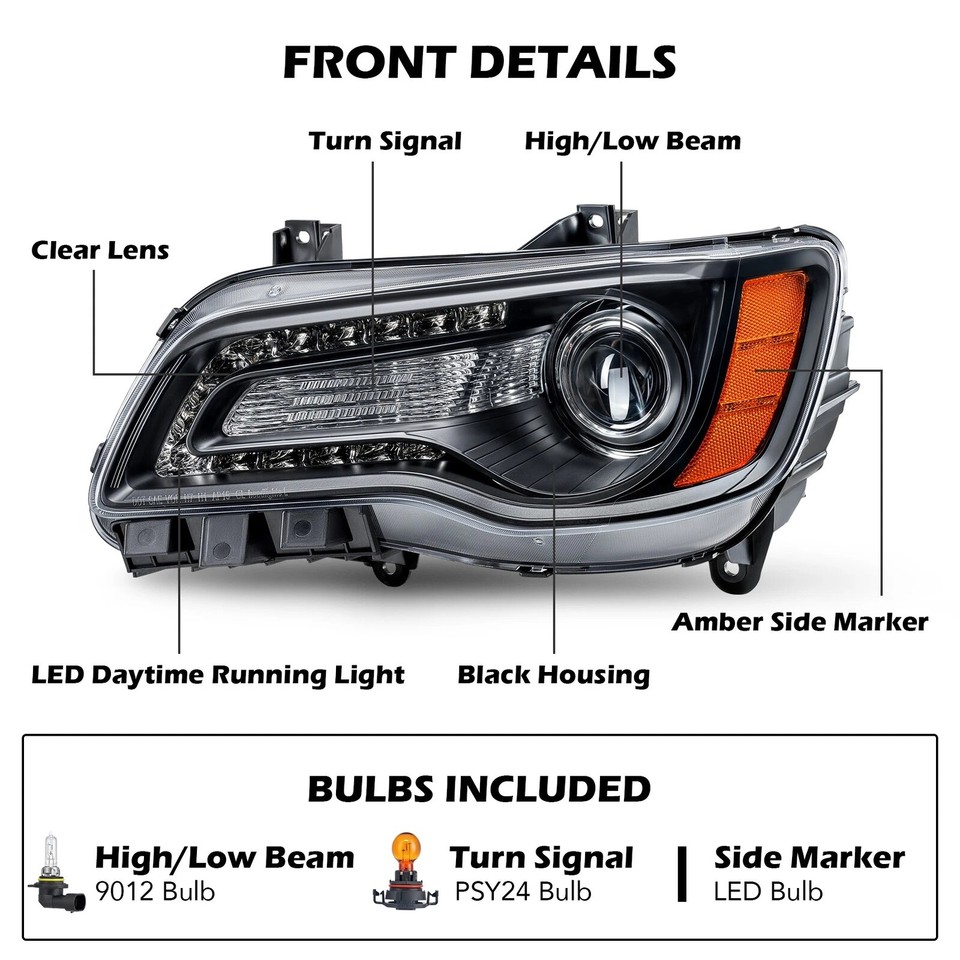 Pairs For 2011-2023 Chrysler 300 Headlights LED DRL Projector Black ...