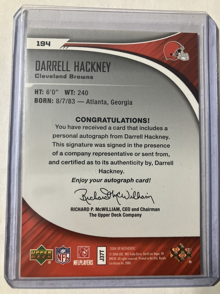 Darrell Hackney 2006 Upper Deck SP Authentic RC Auto /1175 #194 ...