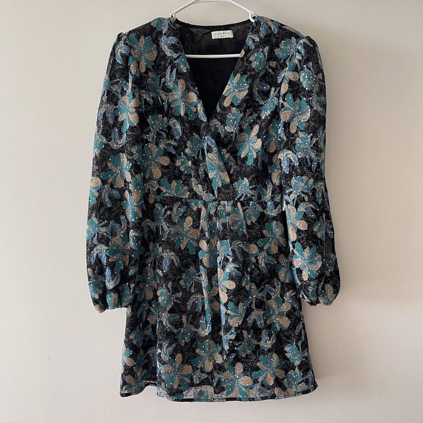 SANDRO Dress Sequins blue Flowers Sz 40 Gold | eBay