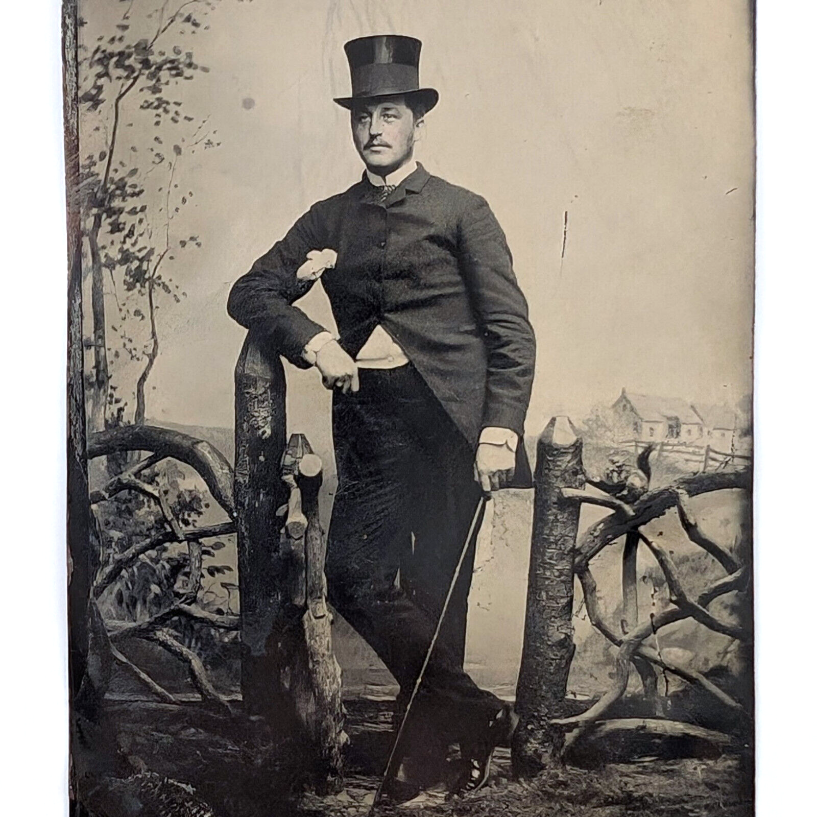 Tintype Photo Dapper Man Top Hat Cane Squirrel On Fence Painted ...