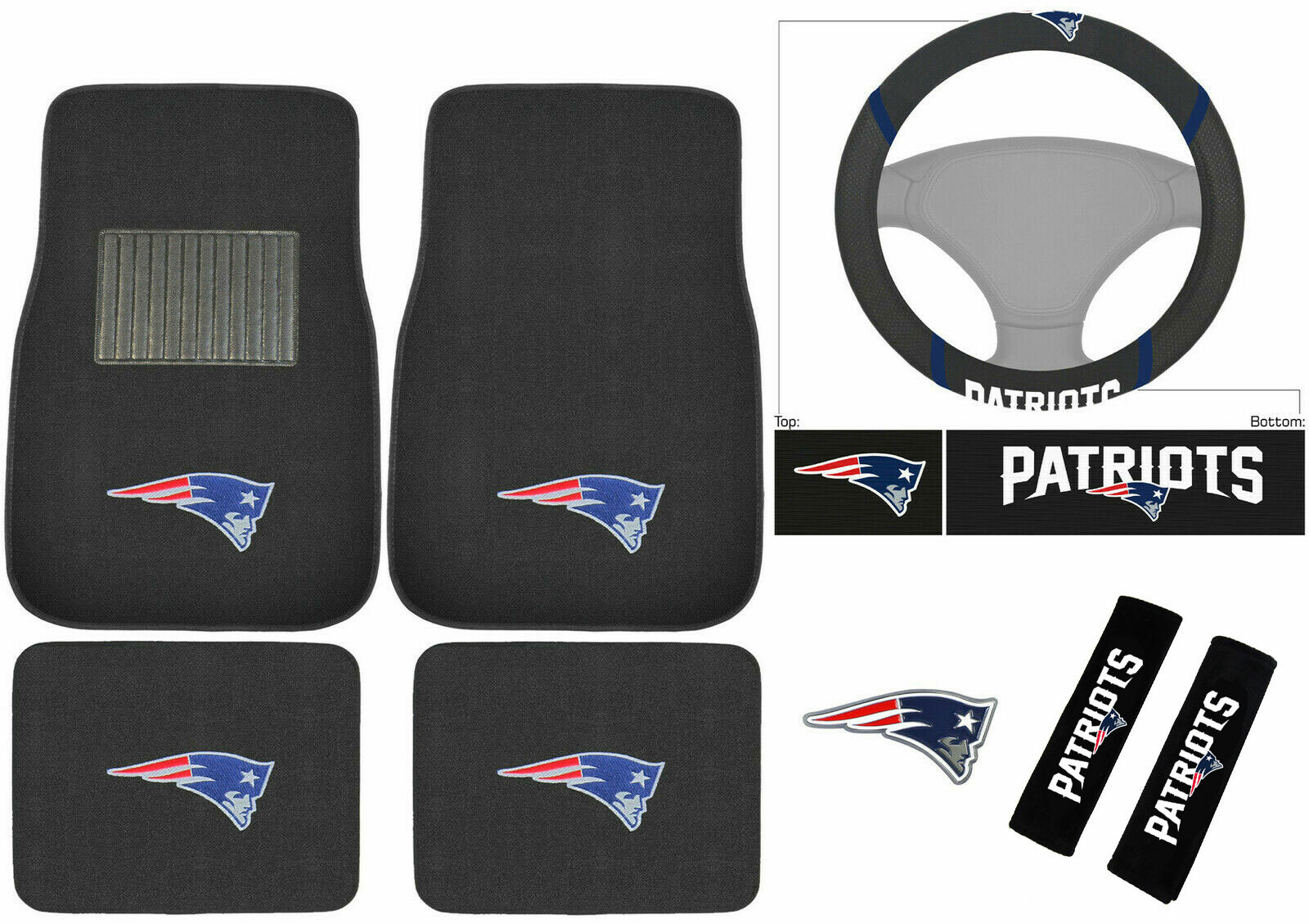 New 8pc Set NFL New England Patriots Car Truck Floor Mats Steering ...