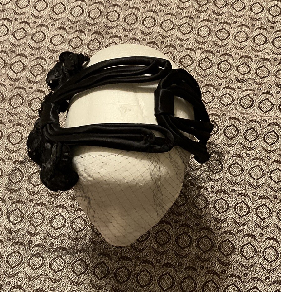 Vintage Black Satin-Bejeweled Chaplet/Curvette/cocktail Hat W/netting ...