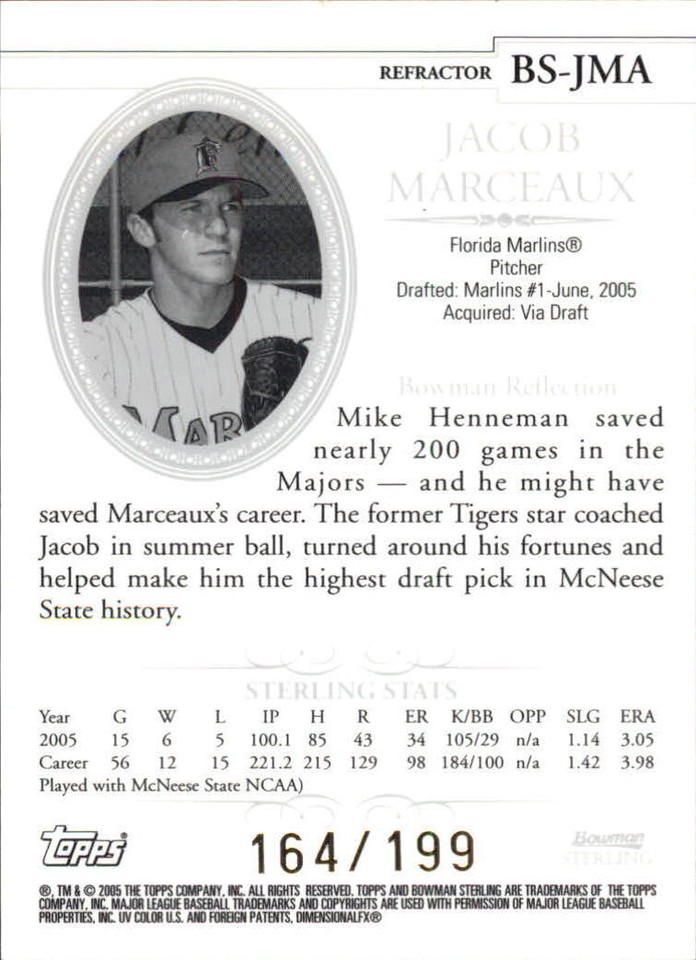 2005 Bowman Sterling Refractors #JMA Jacob Marceaux Rookie RC Card /199 ...