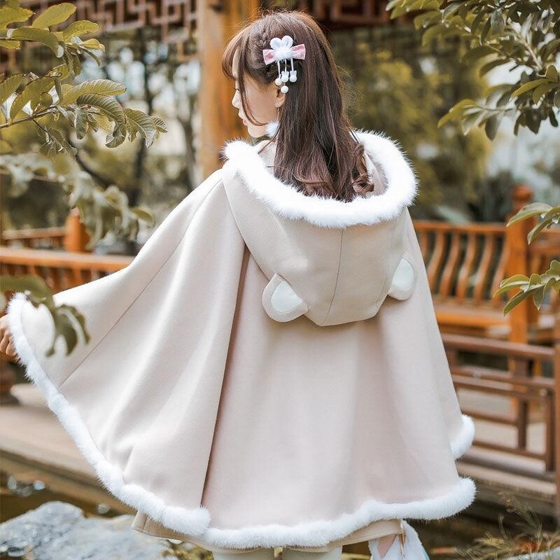 Lady Cape Jacket Hooded Cloak Poncho Faux Fur Edge Hanfu Thermal Winter ...