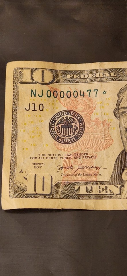 2017 $10 DOLLAR STAR NOTE CIRCULATED CONDITION--ULTRA LOW SERIAL NUMBER ...