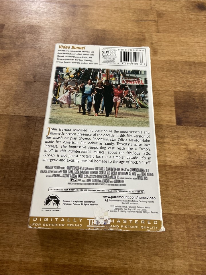 Grease VHS VCR Video Movie John Travolta Olivia Newton John 97360110838 ...