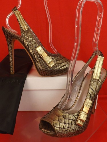 NIB VERSACE BRONZE PYTHON LEATHER PEEP TOE BOW LOGO PLATFORM SANDALS ...