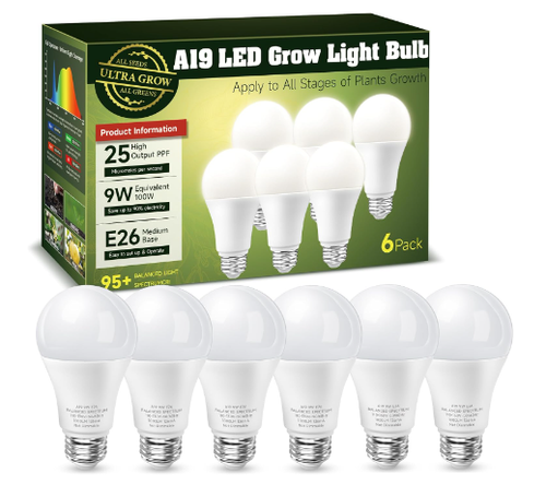 6-Pack A19 9W LED Grow Light Bulbs, Full Spectrum 100W Equivalent for ...