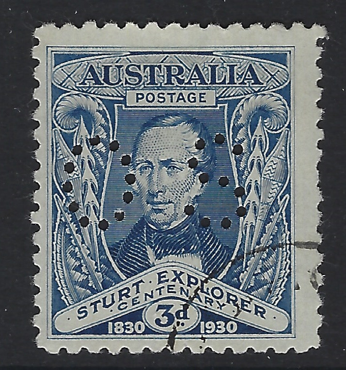 Australia 1930 3d blue Sturt fine used ASC #132 OS Perfin (1 2 3) | eBay