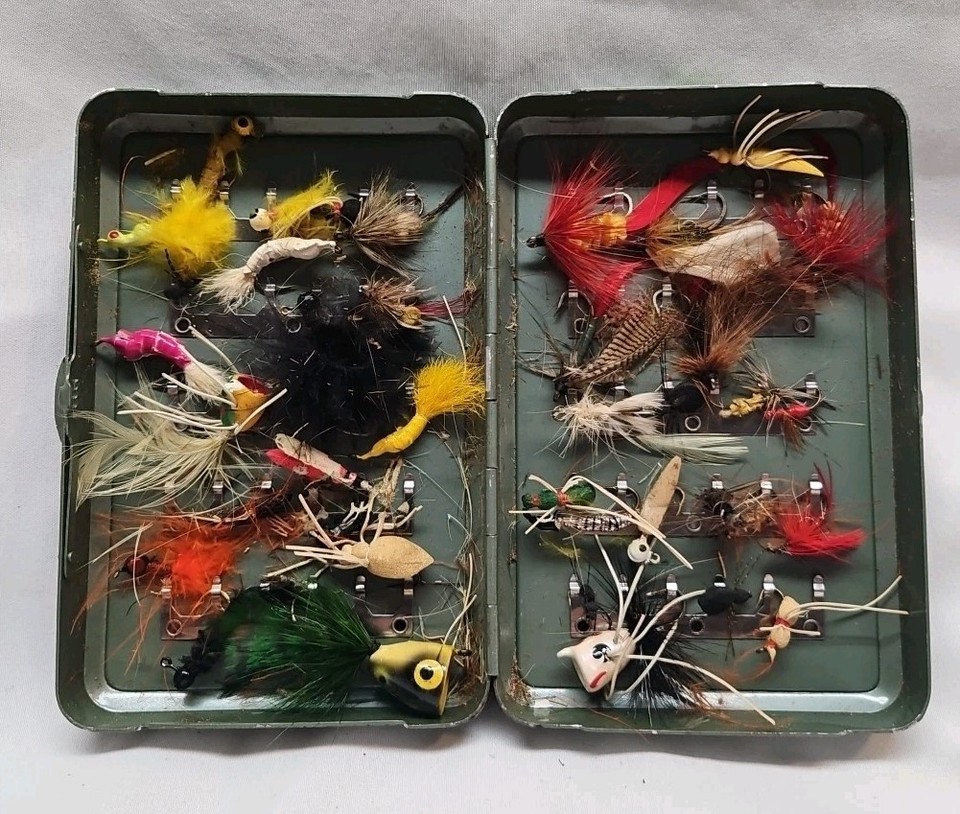 Vintage Green Metal FLY BOX Ventilated Box PACKED with Vintage Flies ...