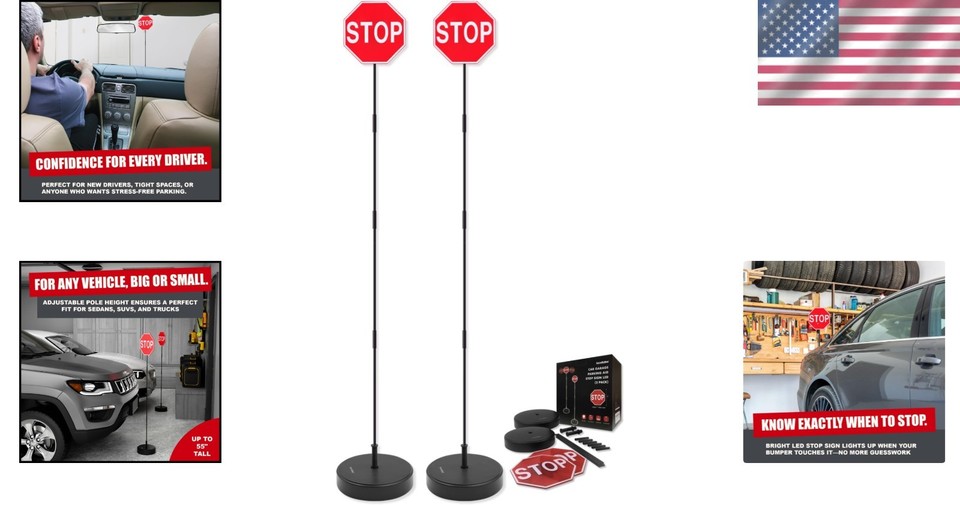 Garage Stop Sign Parking Aid 2 Pack - Bright LED, Spring Pole, Metal ...