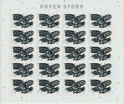 USPS RAVEN STORY Sheet of 20 one ounce letter rate STAMPS Sent from OKC ...
