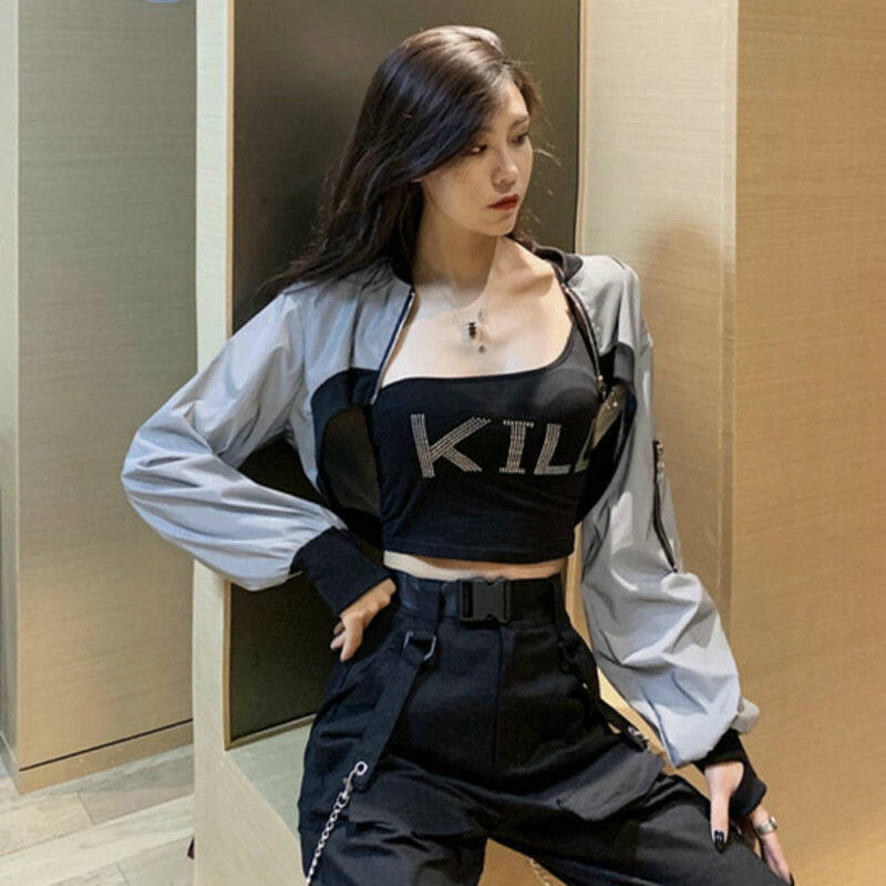 Women's Reflective Crop Tops Zipper Bomber Jacket High Waist Long ...