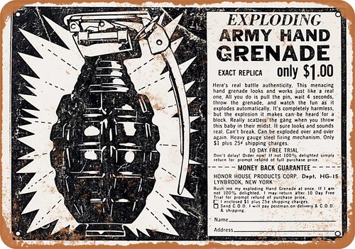 METAL SIGN - Exploding Army Hand Grenade Toy - Vintage Look ...