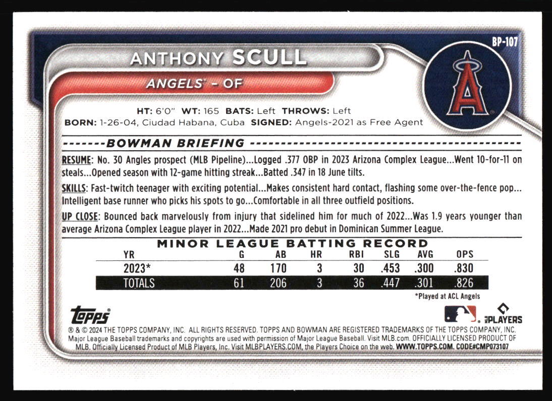 2024 Bowman Anthony Scull #BP-107 Los Angeles Angels | eBay