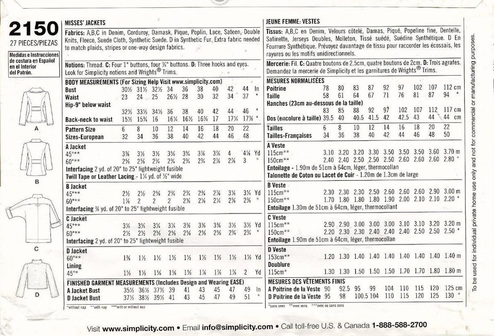 Simplicity Misses' Jacket Pattern 2150 Size 6-14 UNCUT | eBay