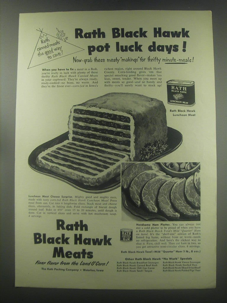 1952 Rath Black Hawk Meats Ad - Rath Black Hawk pot luck days | eBay