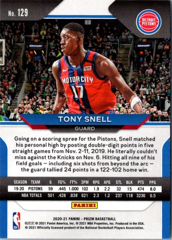 2020 Panini Prizm Prizms Tony Snell #129 Detroit Pistons Basketball ...