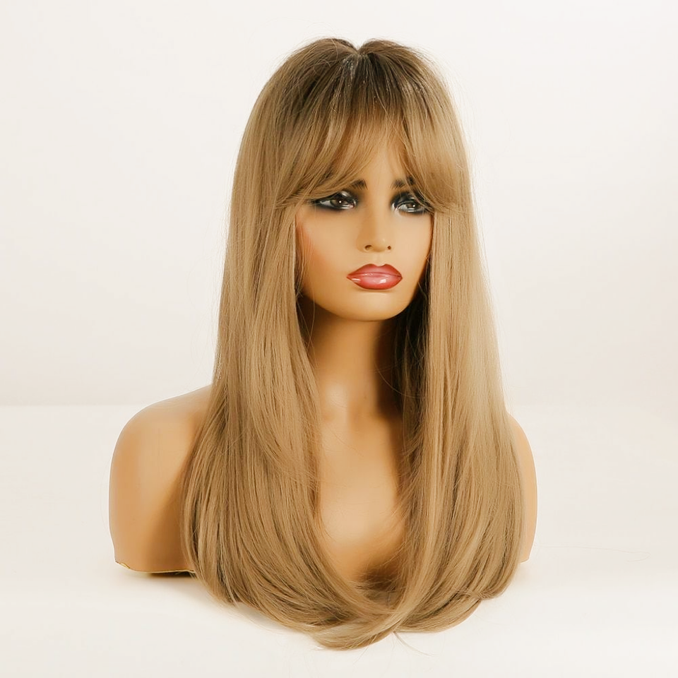 23 Inch Wigs Long Straight Ombré Light Blonde Wigs with Bangs Synthetic ...