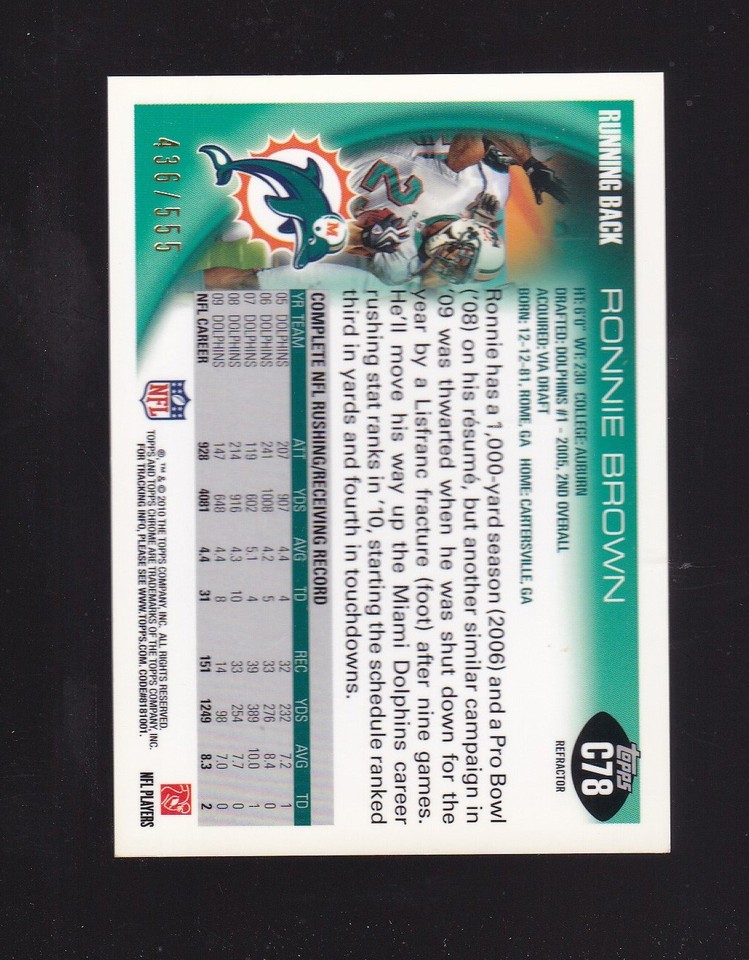 2010 Topps Chrome Purple Refractor Ronnie Brown 436/555 #C78 Miami ...