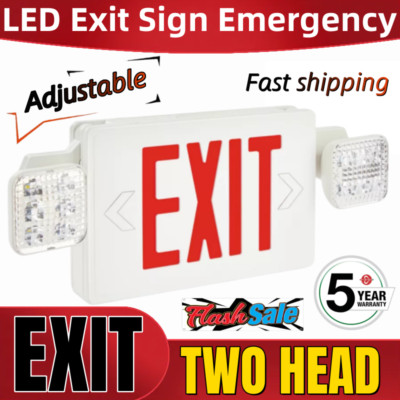 Emergency LED Exit Light Combo Two LED Flood Lights Fire Resistant UL ...
