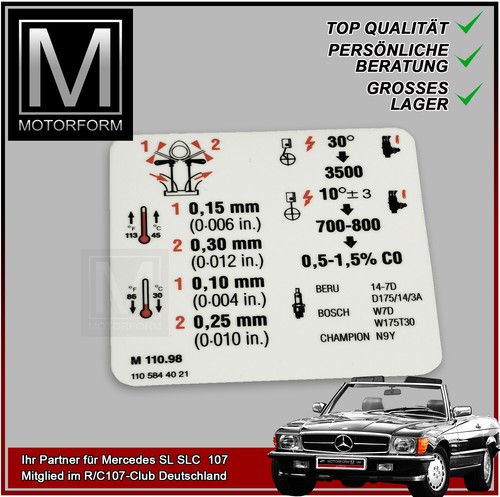 Mercedes sticker engine data 280SL R107 like 1105844021 engine M110 ...