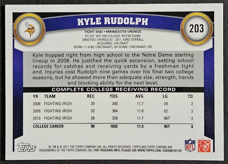 2011 Topps Chrome #203 Kyle Rudolph Rookie RC Notre Dame Irish ...