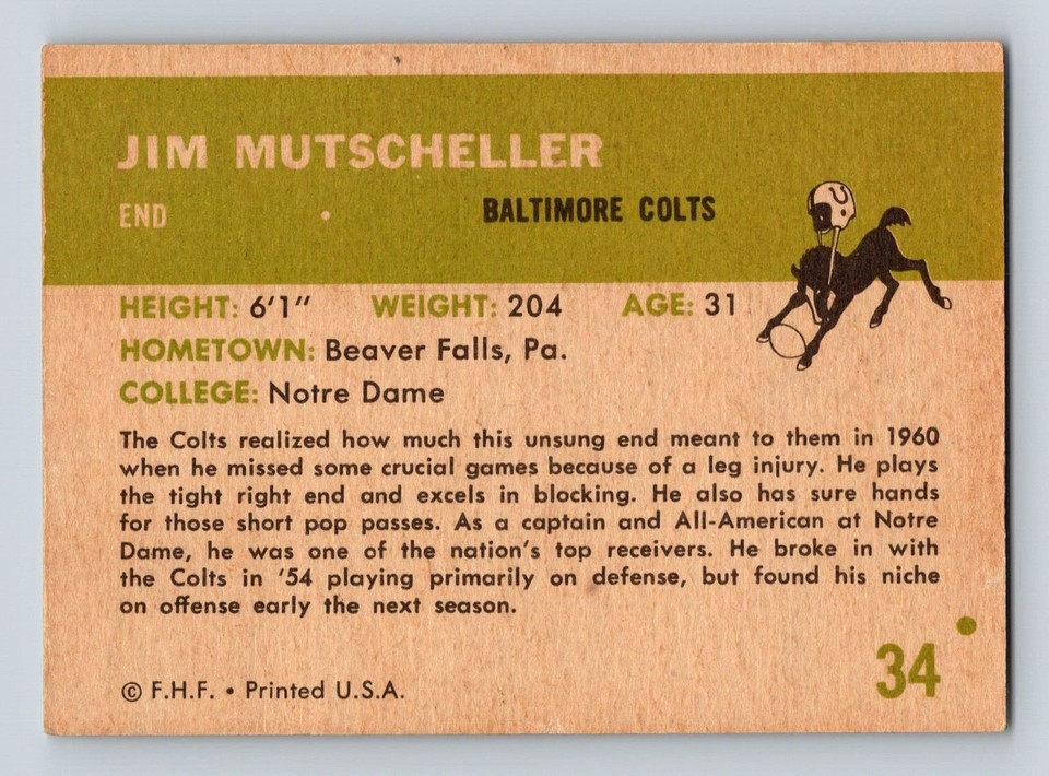 1961 Fleer #34 Jim Mutscheller Baltimore Colts | eBay