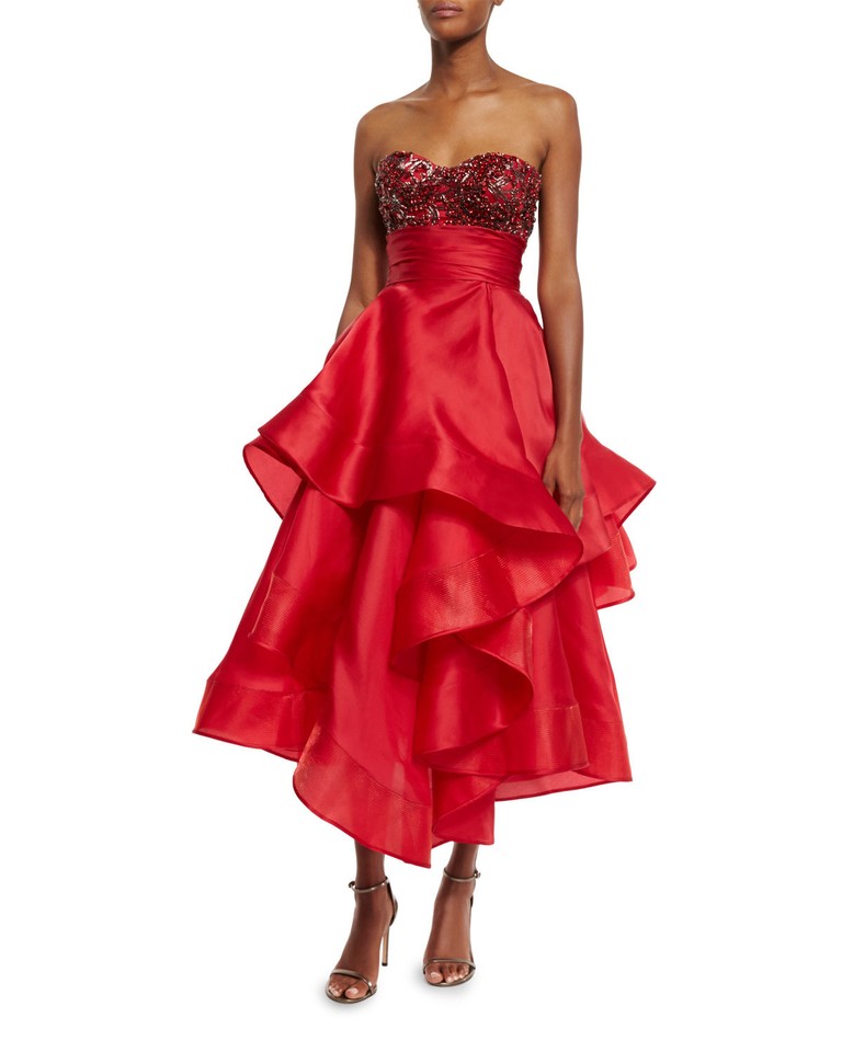 $3995 New Marchesa Beaded JEWELED Strapless Tea-Length RUBY RED Gown ...
