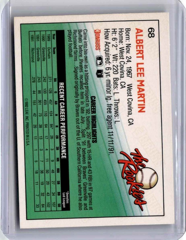 1992 Donruss The Rookies Al Martin Rookie Baseball Card Pittsburgh ...
