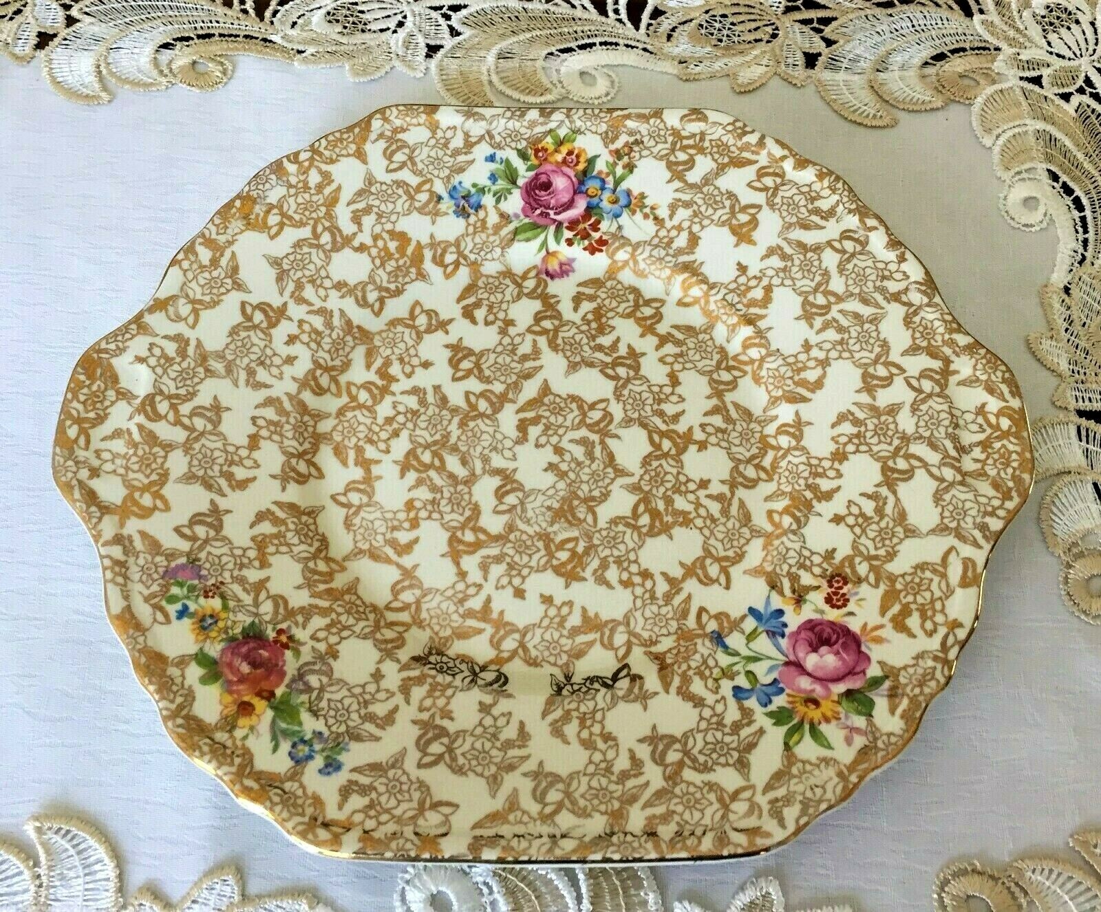VINTAGE BCM NELSON WARE MADE IN ENGLAND FLORAL & GOLD CHINTZ CAKE PLATE ...