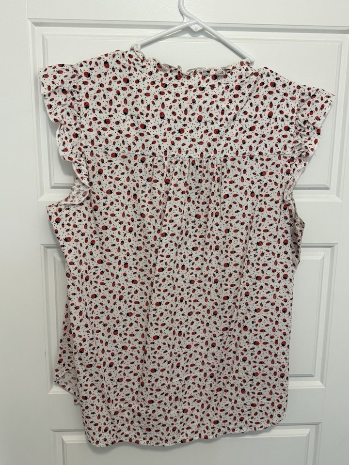 LOFT Women’s Blouse M Novelty Ladybug Print White Red Black V-Neck ...