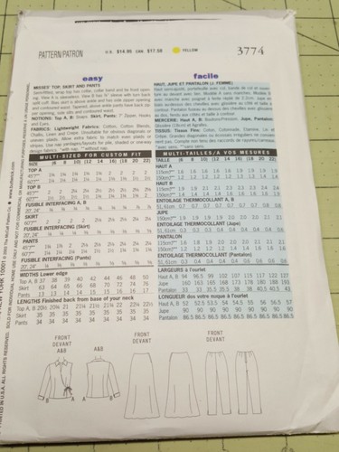 Butterick Pattern 3774 Wrap Blouse Top Bias Skirts Pants Sizes 6 8 10 ...