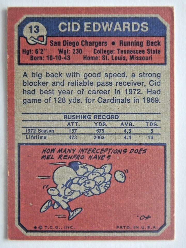 Cid Edwards #13 Topps 1973 Football Card (San Diego Chargers) VG | eBay