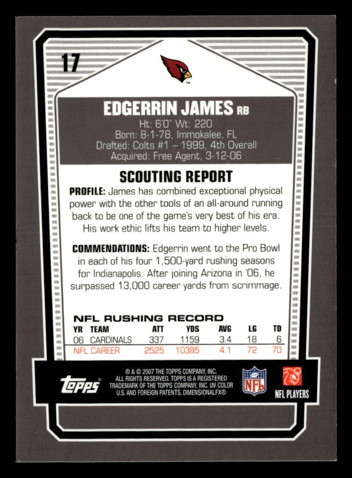 Edgerrin James 2007 Topps Draft Picks & Prospects Card #17 Arizona ...