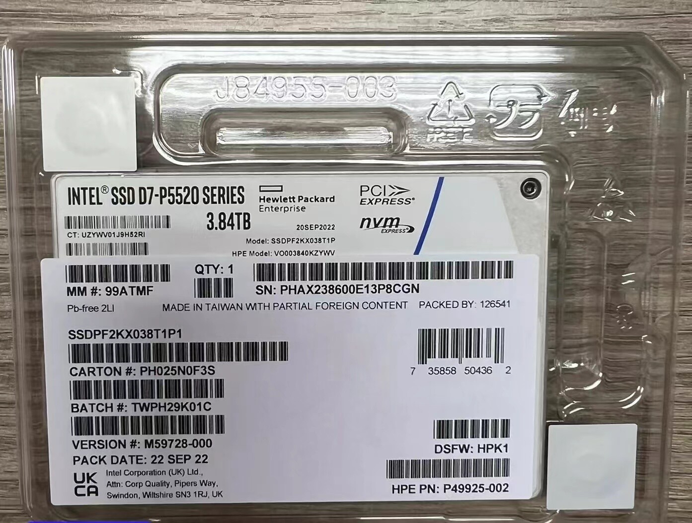 HP 3.84TB Intel P5520 SSD U2 SSDPF2KX038T1P1 PCIe 4.0 x4 7.0PBW DSFW ...