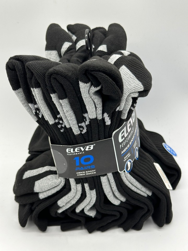 10 PAIR PACK ELEV8 MENS PERFORMANCE SPORT CREW SOCKS SIZE 6-12 ...