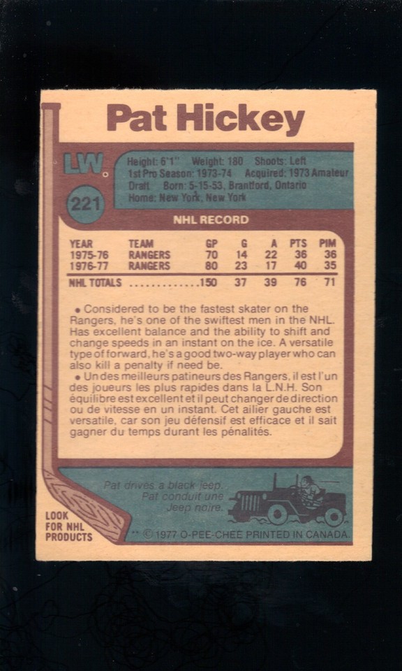 1977-78 O-PEE-CHEE HOCKEY CARD PAT HICKEY #221 NM-MT RANGERS | eBay