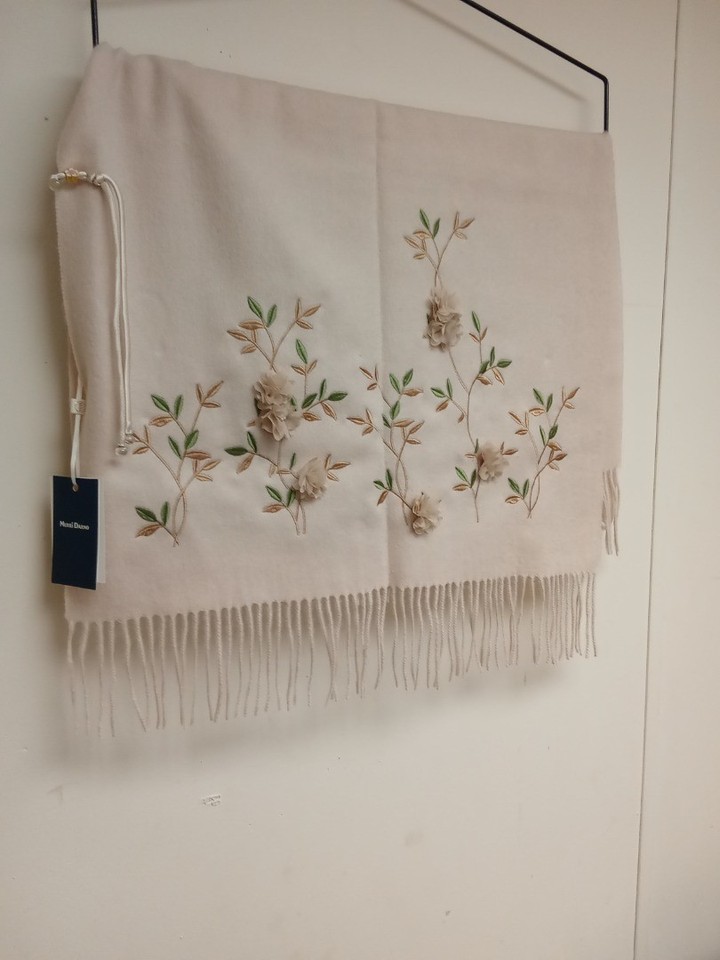 Merri Darno Hand Embroidered floral silk twill scarf in Ivory-Gold New ...