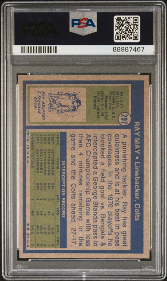 1972 TOPPS FOOTBALL #297 RAY MAY BALTIMORE COLTS RC ROOKIE PSA 8 | eBay